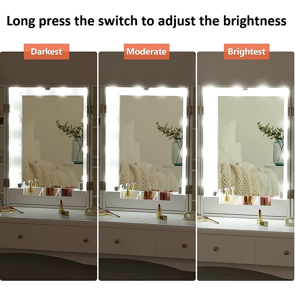 BEWISHOME Vanity Desk with Lighted Mirror, Makeup Vanity with Lights, White Vanity Set with 10 LED Bulbs & Adjustable Brightness, Dressing Table with Makeup Cabinet 3 Drawers for Women FST14W