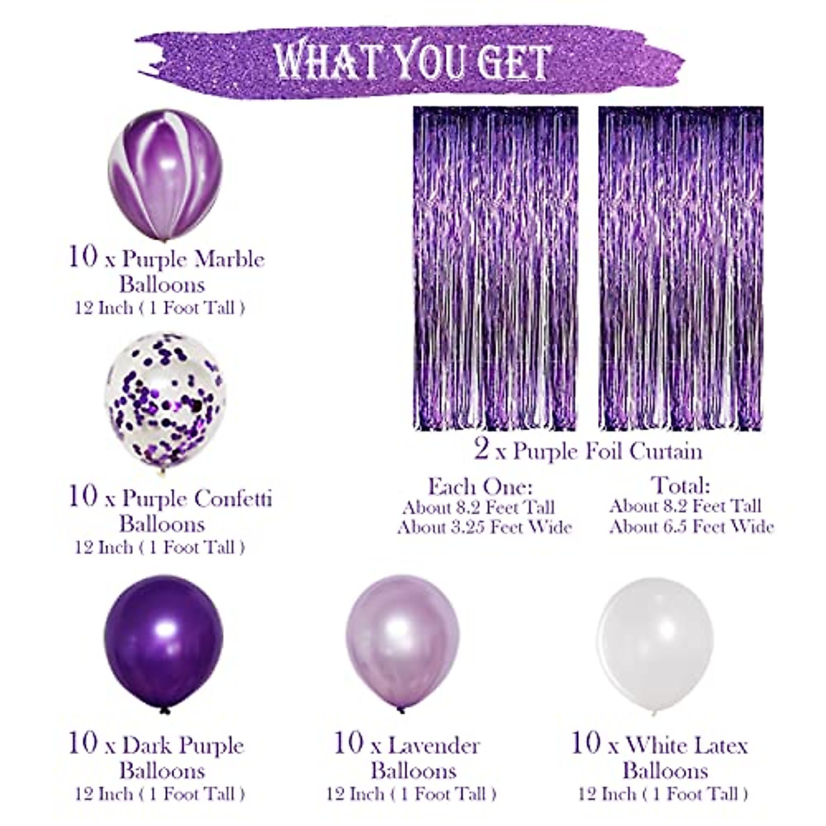 Purple Party Decorations Kit, Purple Foil Fringe Curtain Backdrop, Purple and White Balloons Set, Purple Birthday Decorations, Graduation Party Supplies, Purple Graduation Decorations