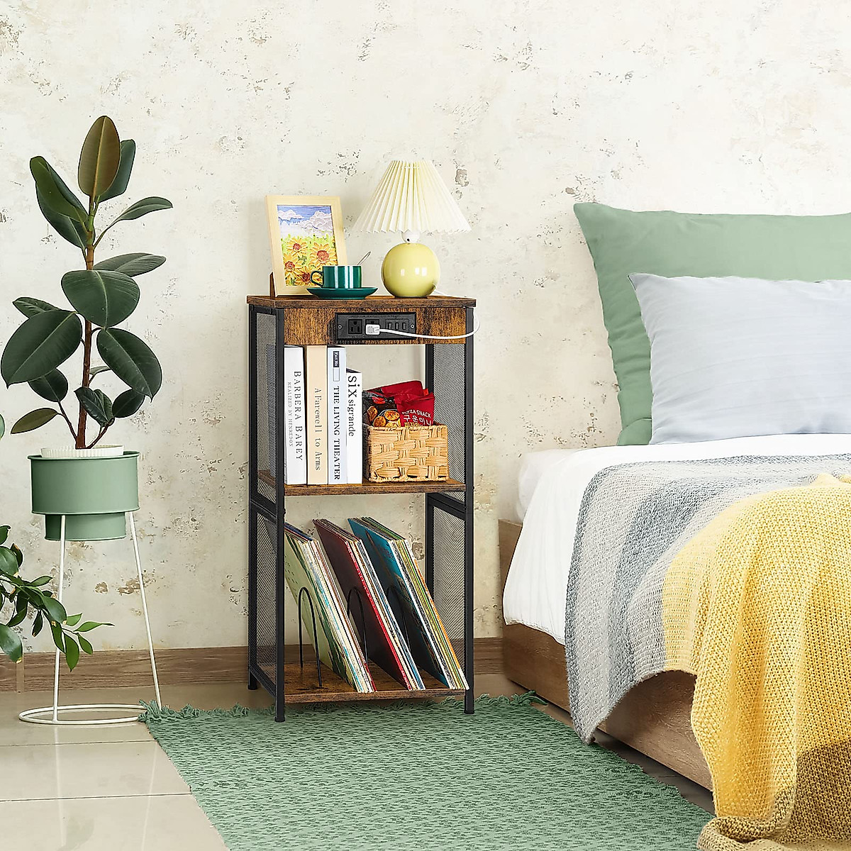 ETELI Record Player Stand with Album Storage Vinyl Record Storage Table with Power Outlet 3 Tier Turntable Stand Industrial Side Table for Living Room Bedroom Office, Brown