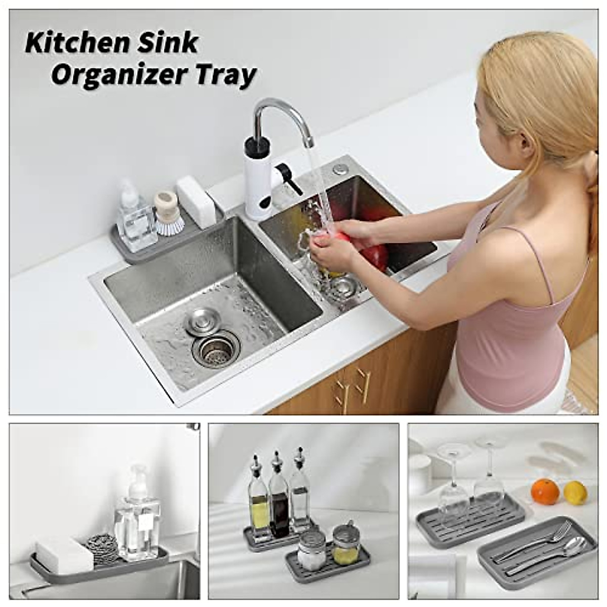 MicoYang Silicone Kitchen Sink Organizer Tray for Multiple Usage,Eco-Friendly Sponges Holder for Kitchen Bathroom Counter or Sink,Dish Soap Dispenser,Scrubber,Bottle,Cup (Grey, 10"×5.3")