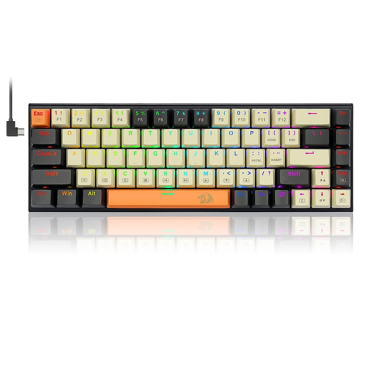 Redragon 60% Mechanical Gaming Keyboard, 68 Keys Wired Office RGB Keyboard with Arrow Keys, Programmable Macro, Red Switches for Windows Mac PC Laptop, Black/Beige/Orange