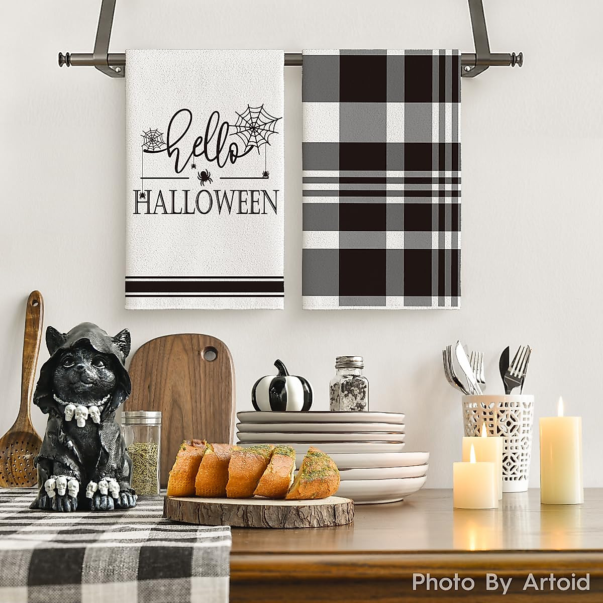 Artoid Mode Buffalo Plaid Ghosts Boo Bats Let's Hang Out Hello Halloween Kitchen Towels Dish Towels, 18x26 Inch Seasonal Decor Hand Towels Set of 4
