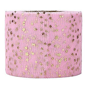 Cyrank Tulle Rolls 2pcs, 6cm Width 25 Yards Tulle Fabric with Gold Stars Patterns Glitter Tulle Rolls for Chair Ties Tutu Skirt Wedding Decor Gift Wrapping(Pink)