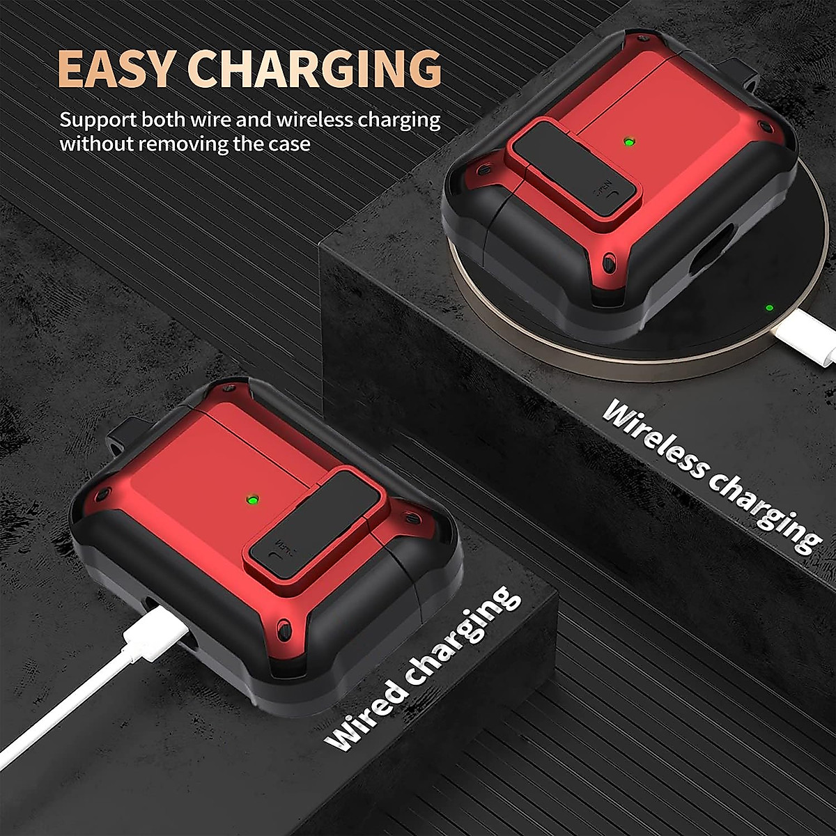 Olytop for Airpods Pro/Pro 2 Gen Case Cover (2023/2022/2019), Secure Lock Clip Shockproof AirPod Pro 2nd/1st Generation Hard Protective Skin Case with Cleaner Kit & Replacement Ear Tips, Black/Red