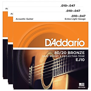 3 Packs of D'Addario EJ10 Bronze Acoustic Guitar Strings, Extra Light, 10-47