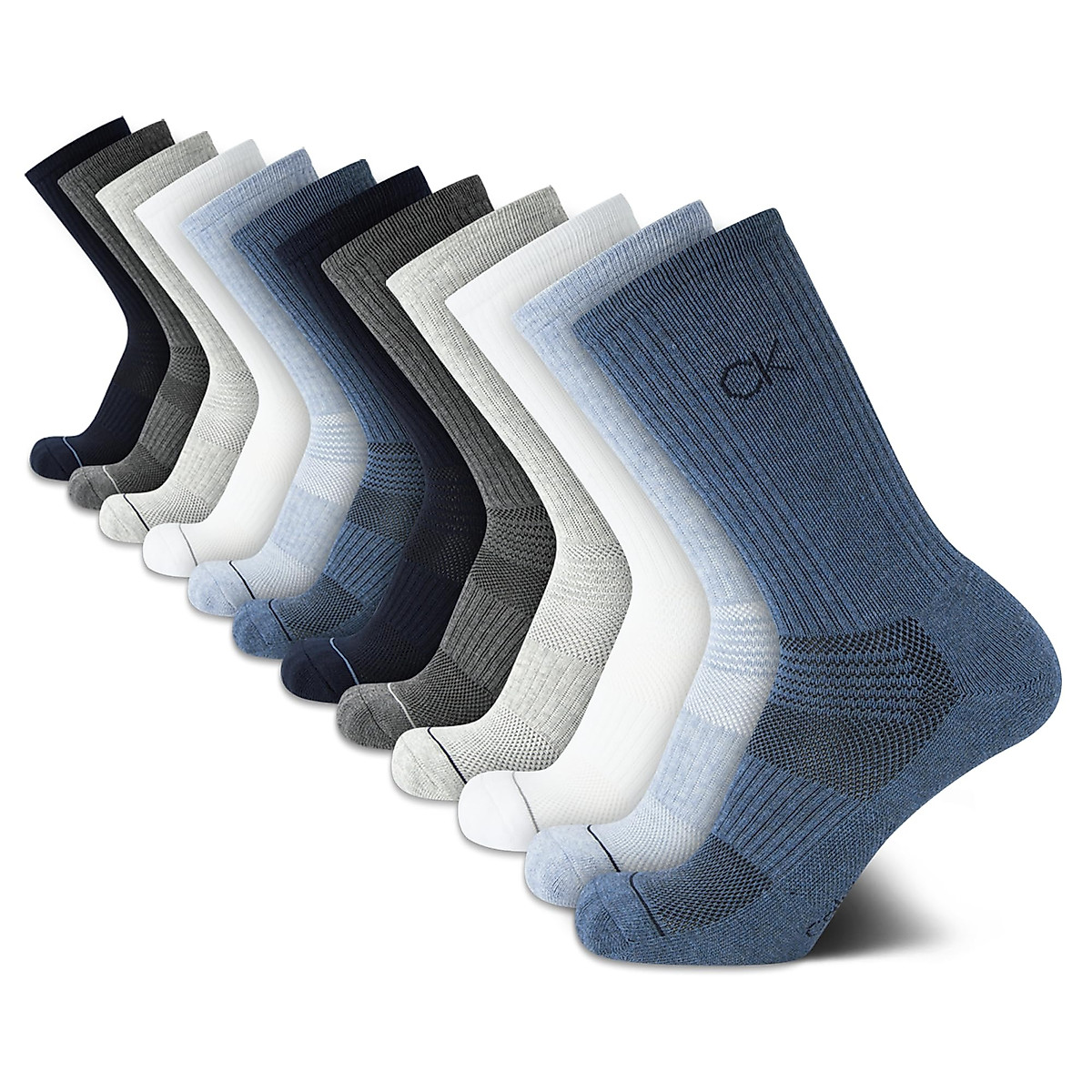 Calvin Klein Socks - Cushioned Mid-Calf Athletic Performance Crew Sock (12 Pack), Size 7-12, Blue Assorted