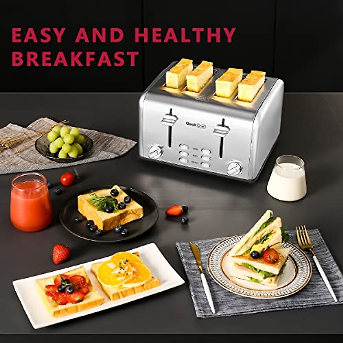 Geek Chef 4 Slice toaster, Best Rated Prime Retro Bagel Toaster with 6 Bread Shade Settings, 4 Extra Wide Slots, Defrost/Bagel/Cancel Function, Removable Crumb Tray, Stainless Steel Toaster (4 slice stainless steel （classic）)