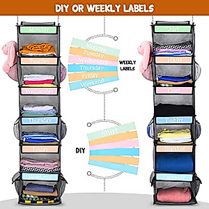 BTideas Weekly Hanging Clothes Organizer for Kids, 6-Shelf Kids Closet Organizers and Storage, 48"x12"x12" Collapsible Daily Kids Clothes Organizer Hanging Closet Shelves with 6 Side Pockets (Gray)