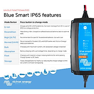 Victron Energy Blue Smart IP65 Smart Car Battery Charger 12V 10A, Float & Trickle Charger and Desulfator for Motorcycle, ATV, RV, Lithium and Deep Cycle Batteries