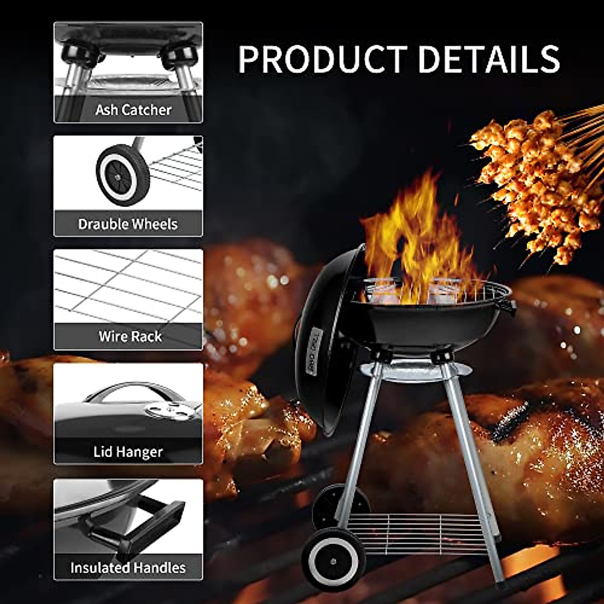 18.5 inch BBQ Grill,Portable Charcoal Grill, Carbon Heat Control Round BBQ Kettle