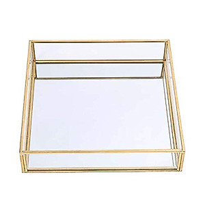 Sooyee Gold Tray Mirror,Square Mirror Tray can Hold Jewelry,Perfume,Makeup,Breakfast,Tea,Food,Magazine and More, Decorative Tray for Vanity,Dresser,Bathroom,Bedroom,Office,Garden,Coffee Table (8”x8”)