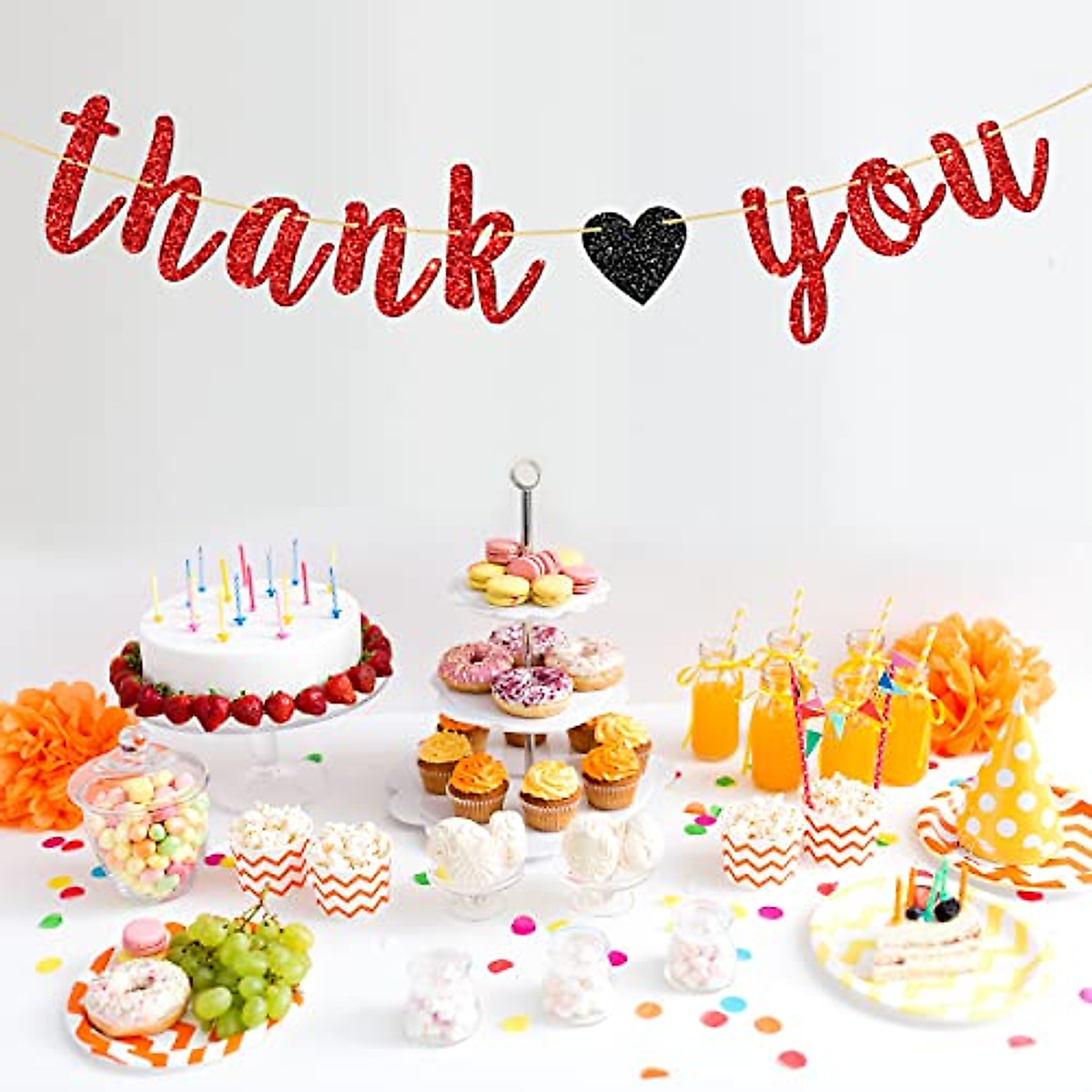 Thank You Banner - Red Glitter Sign for Engaged - Wedding - Bridal Shower Bunting Thanksgiving Photo Booth Props