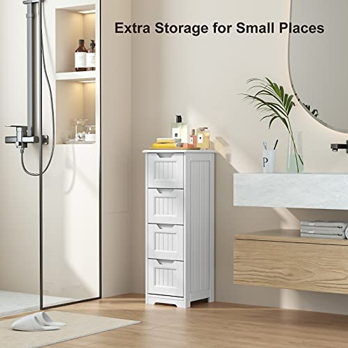 Gizoon Small Bathroom Storage Cabinet Freestanding with Drawers for Narrow Places, 33" Wooden Dresser with 4 Drawers for Bedroom, Chest of Drawers White