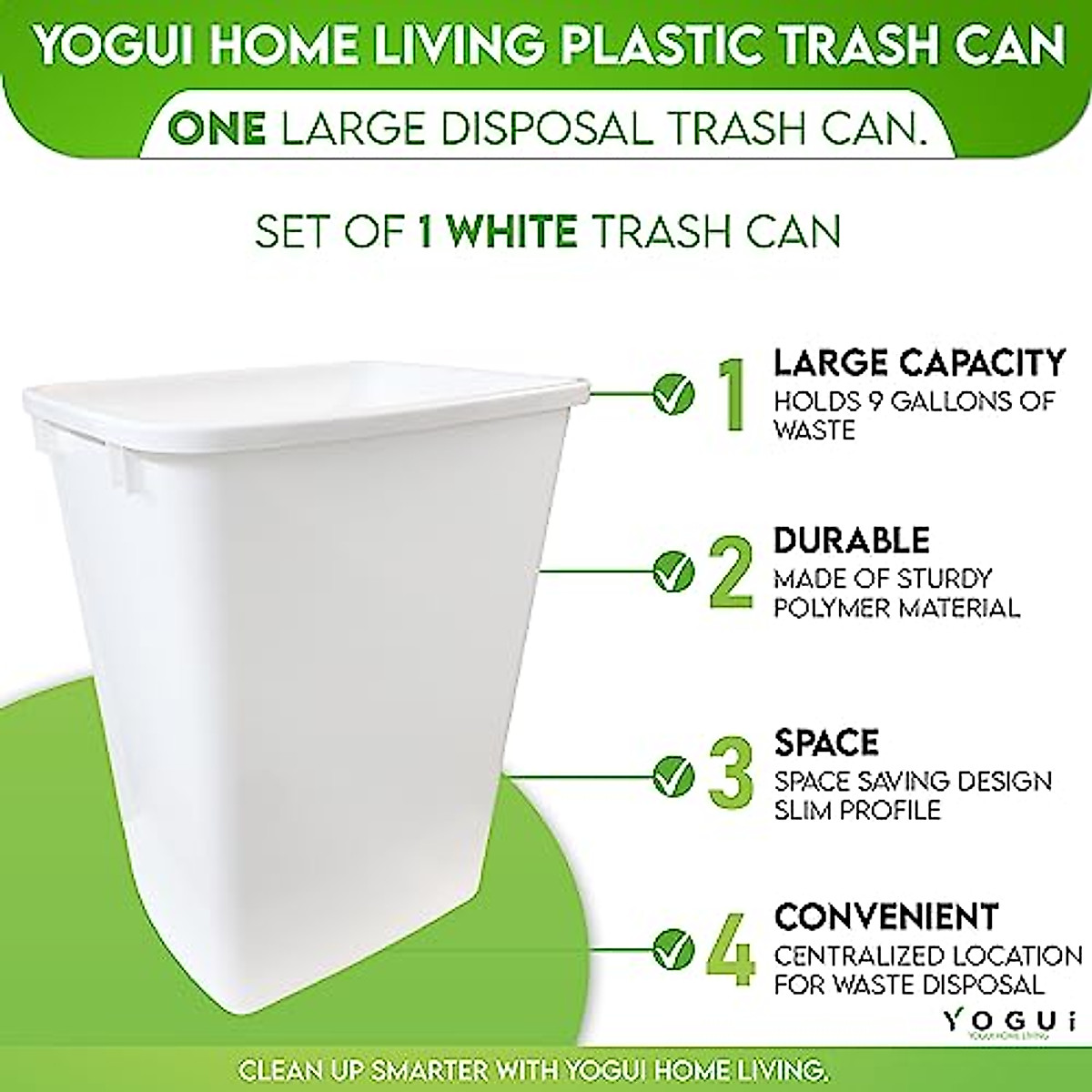 Yogui Home Living Plastic Trash Can - 35-Quart (9-Gallon) - Indoor Garbage Bin for Kitchen, Home, Office and Commercial Use - Large Waste Disposal Tub, Plastic Waste Container- White.