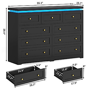 AOGLLATI Tall Dresser for Bedroom with 9 Drawers,55.1” Long Black Dresser with Led Lights, Modern Chest of Drawers, Led Wide Bedroom Dresser with Top Floating Design for Bedroom Hallway,Black