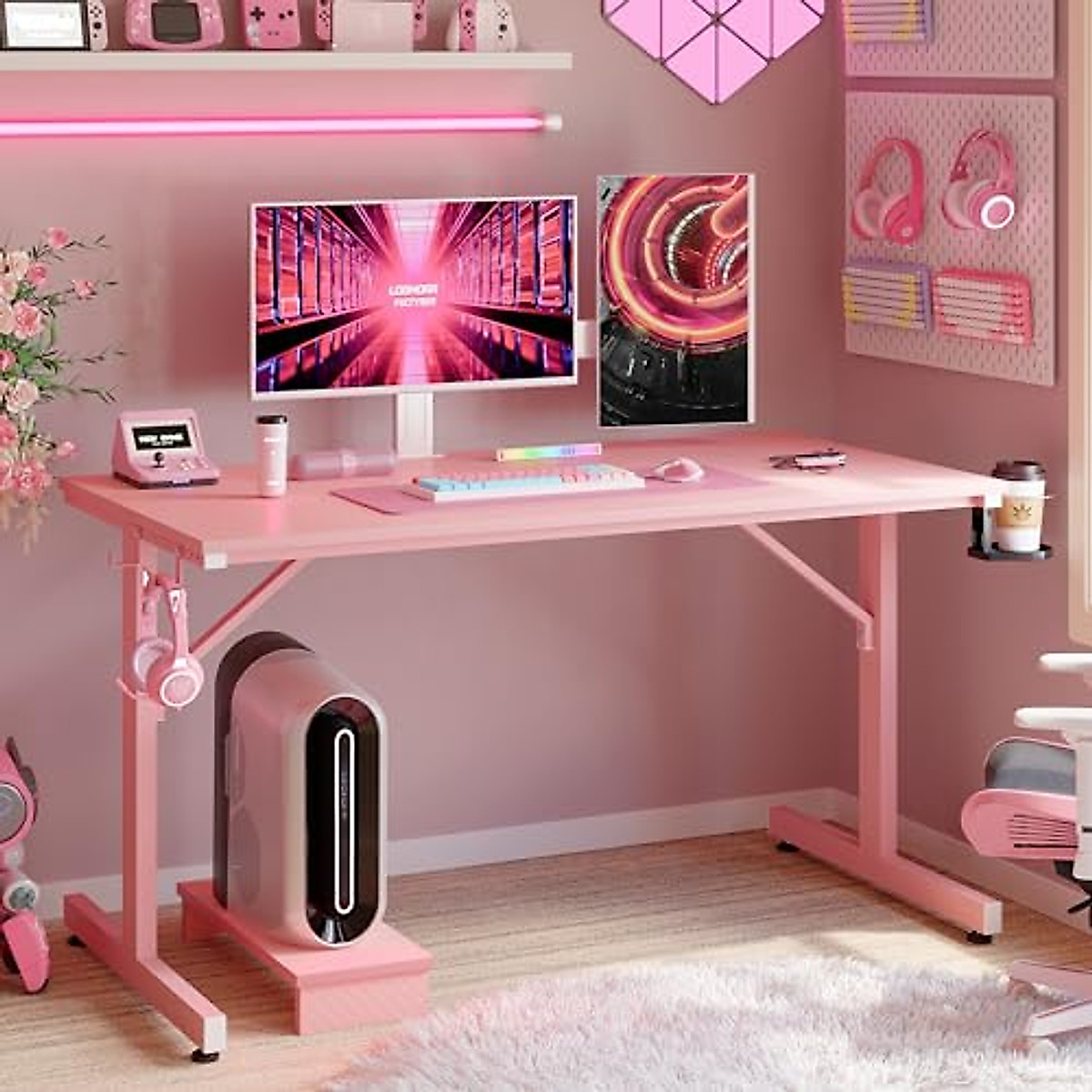 Bestier Small Gaming Desk with Monitor Stand, 42 inch LED Computer Desk, Gamer Workstation with Cup Holder & Headset Hooks, Modern Simple Style Desk for Home Office, Carbon Fiber Pink