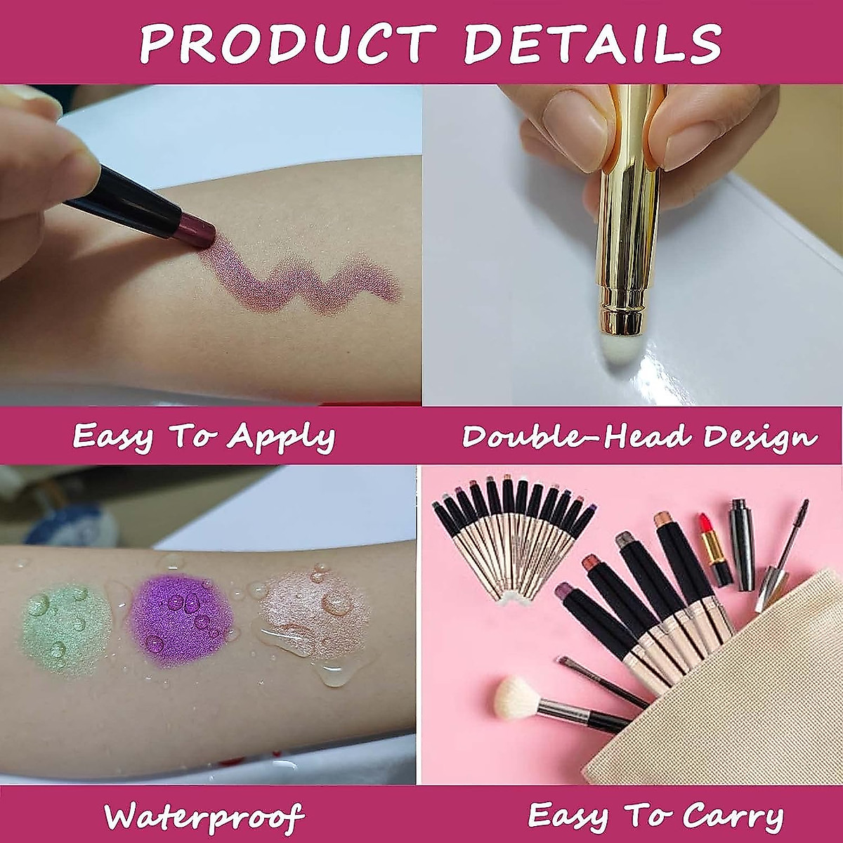 Rose Gold Eyeshadow Stick and Sponge Brush Cream Shimmer Smooth Eyeshadow Pencil eyeliner Hypoallergenic Natural Waterproof Long Lasting Eye Shadow Highlighter Stick Multi-Dimensional EyesLook