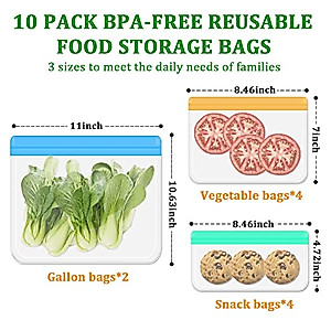 10PCS Food Storage Bags Silicone, Leakproof Reusable Storage Bags, Reusable Snack Bags Silicone for Home Food Storage, Kids School Lunch,Picnic and Travel