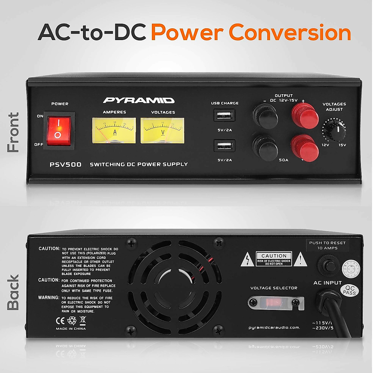 Pyramid PSV500 Universal Compact 50 Amp Adjustable 12 to 15 Volts Output Home Bench Power Converter Supply, with 2 USB Ports and Overload Protection