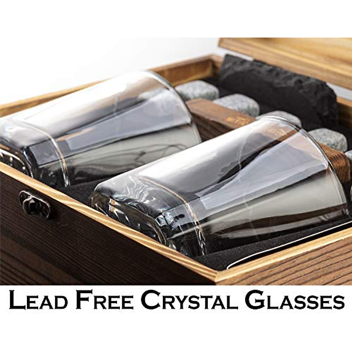 Mixology Whiskey Stones Gift Set for Men - Pack of 2, 10 oz Whiskey Glasses w/ 8 Granite Chilling Rocks, 2 Coasters, Metal Tong & Cocktail Cards in Wooden Box - Square