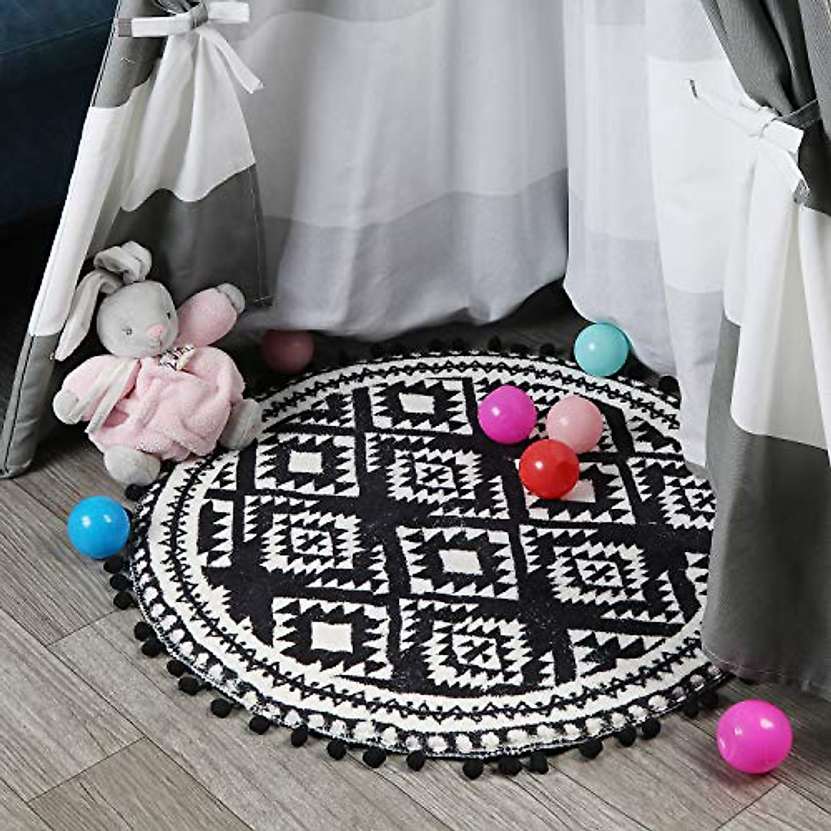 HAOCOO Round Area Rugs 2ft with Pom Pom Ball Fringe Black and Beige Soft Velvet Small Throw Rugs Non-Slip Boho Geometric Floor Carpet for Bedroom Living Room Bathroom Home Decor
