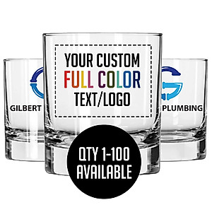 Bulk Printed 11oz Whiskey Scotch Bourbon Glass - Custom Promotional Items with your Logo - Personalized Company Small Business Party Favors