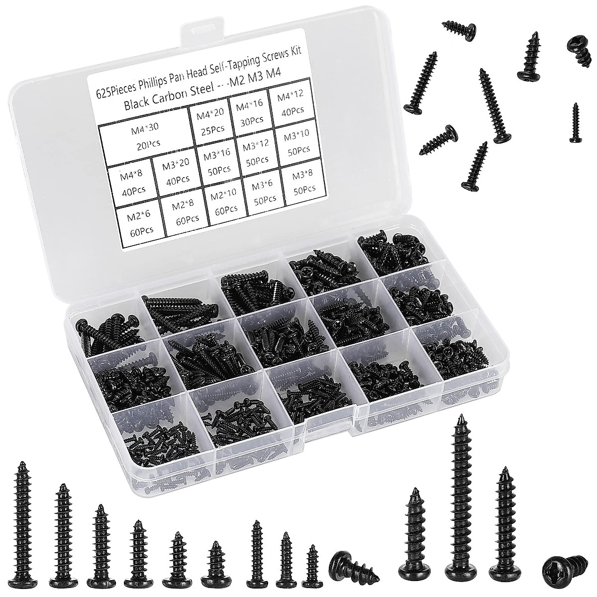 HanTof 625pcs M2 M3 M4 Phillips Pan Head Self-Tapping Wood Screws,14 Sizes Cross Recessed Round Head Self Tapper Screws Assortment Kit for Wood,Plastic and Soft Metal,Black Carbon Steel,Sharp Point