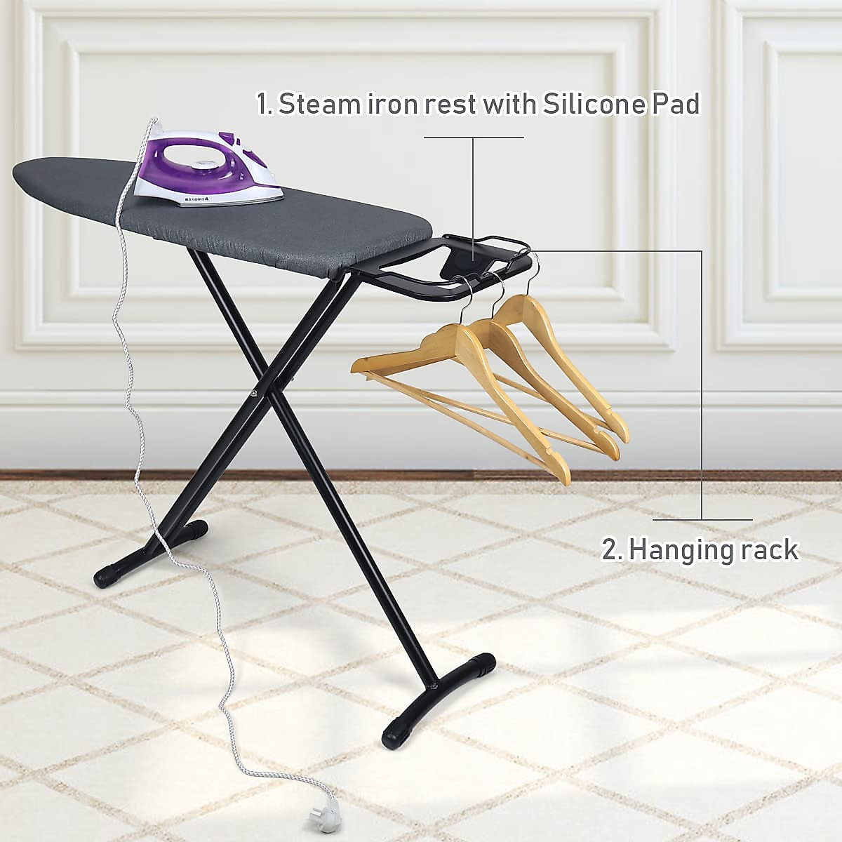 Duwee 13"x38" Ironing Board with Heat Resistant Cover and Thicken Felt Pad, Folding Adjustable Height Large Ironing Board,Heavy Sturdy Legs,Black