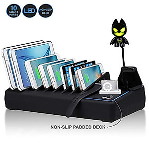 SIIG 90W Smart 10-Port USB Charging Station with Non-Slip Padded Deck and LED Ambient Light for Smartphones, Tablets, and Many Other Compatible USB Powered Devices (Black)