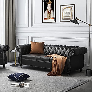 wirrytor Chesterfield Classic Sofa, Modern Leather 3 Seater Sofa, Upholstered Tufted Back Settee Couch with Rolled Arms Nailhead Trim for Living Room Bedroom(Black)