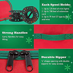 Premium Christmas Light Storage Bag – Heavy Duty Tear Proof 600D/Inside PVC Material with Reinforced Handles - With 3 Reels Stores up to 375 Ft of Mini Christmas Tree Lights & Extension Cords - Red