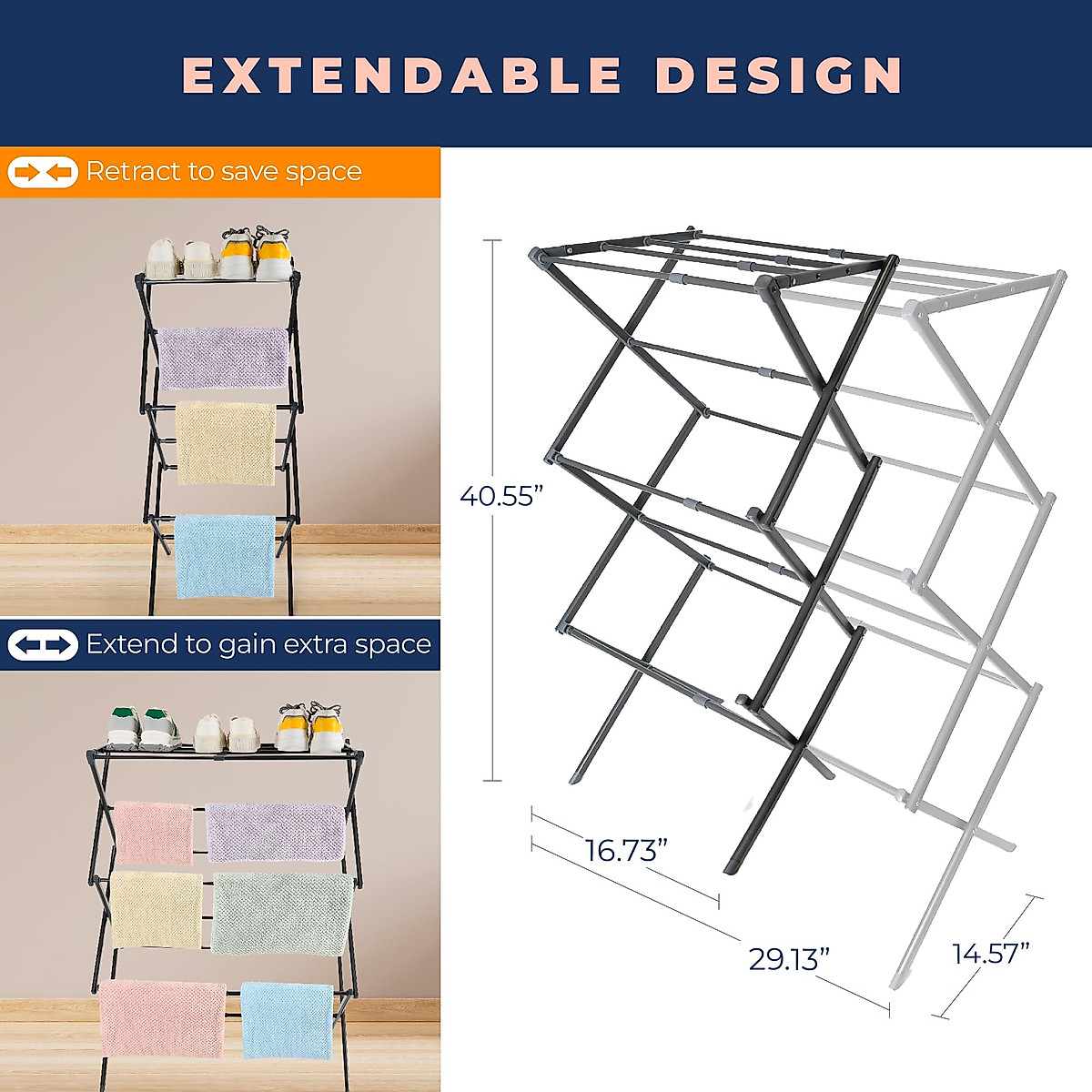 happhom Clothes Drying Rack, Foldable Drying Rack Clothing, Laundry Drying Rack, Expandable and Collabsible Drying Rack, Free-Standing Large Clothes Dryer, Space Saving Indoor&Outdoor, Silver