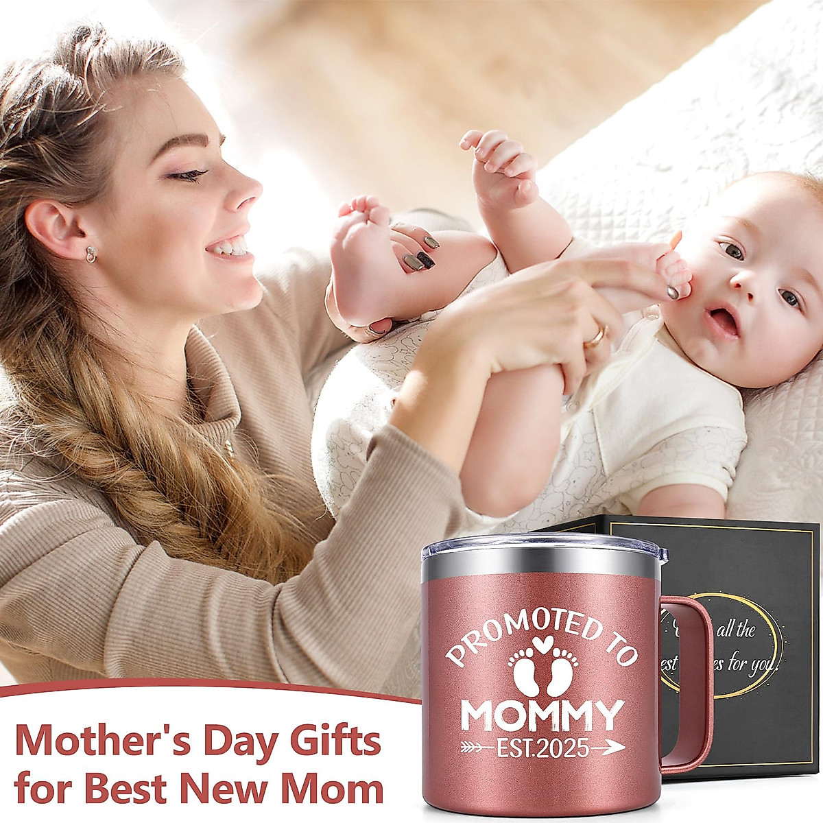 GINGPROUS New Mom Gifts, Promoted To Mommy Est 2025, 14oz Insulated Stainless Steel Coffee Mug, Mothers Day Gifts for New Mom To Be, First Time Mama, Mother, Mommy Pregnancy, Baby Shower, Rose Gold