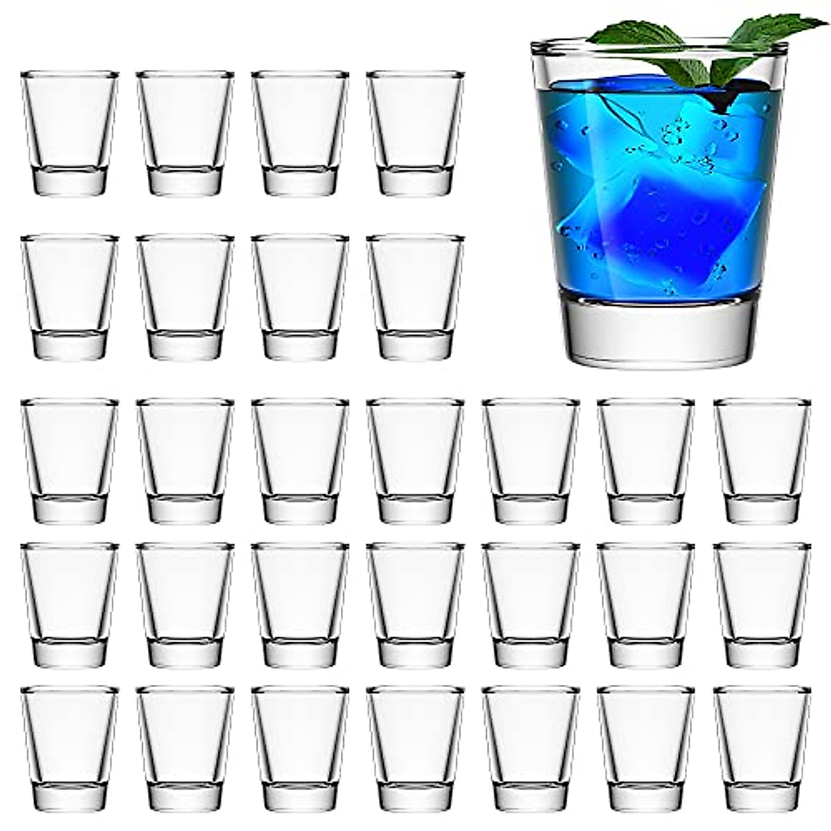 Aoeoe 30 Pack Heavy Base Shot Glass Set, 1.5 oz Whiskey Shot Glasses, Clear Shot Glasses Bulk, Small Shot Glasses, Round Espresso Shot Glass, Glass Cups for Vodka, Whiskey, Tequila, Espresso, Liquor