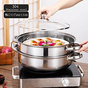 Steamer for Cooking, 18/8 Stainless Steel Steamer Pot, Food Steamer 11 inch Steam Pots with Lid 2-tier for Cooking Vegetables, Seafood, Soups, Stews and Pasta
