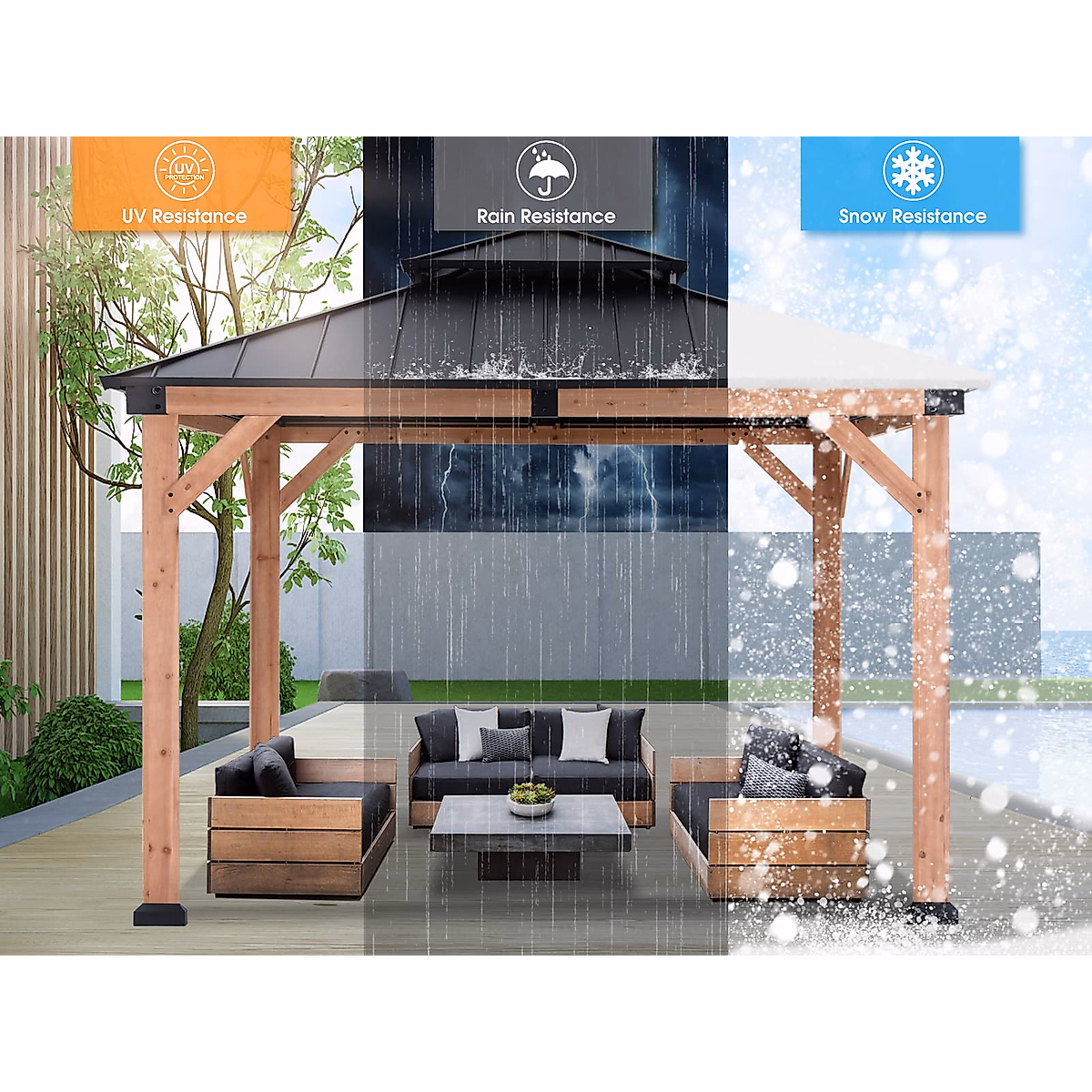 ABCCANOPY Wood Gazebo 11x11 - Outdoor Patio Wooden Gazebo with Hardtop Metal Double Roof for Garden, Backyard and Deck (Double Roof)