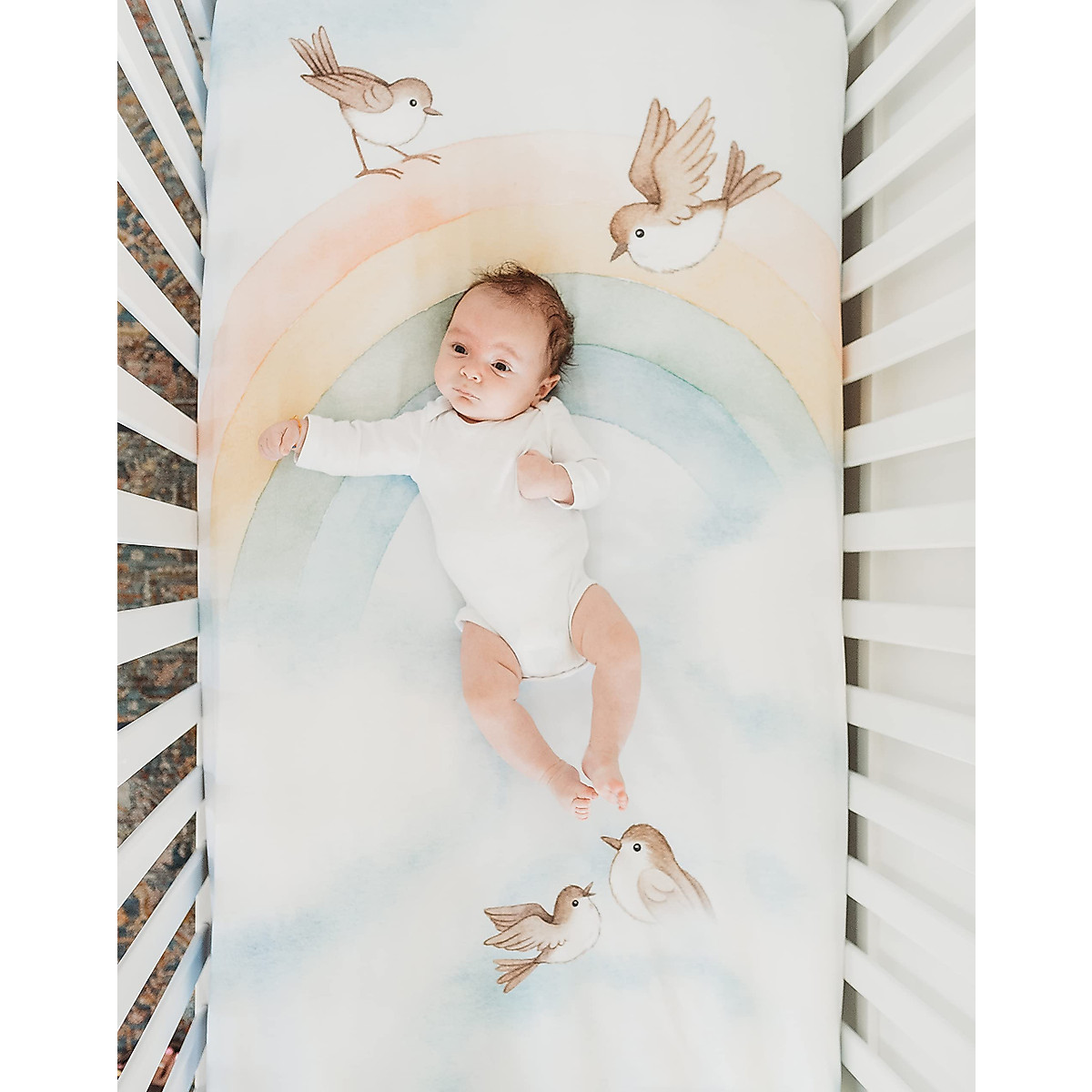 Rookie Humans 100% Cotton Sateen Fitted Crib Sheet: Rainbow and Birds. Modern Nursery, Use as a Photo Background for Your Baby Pictures. Standard Crib Size (52 x 28 inches)