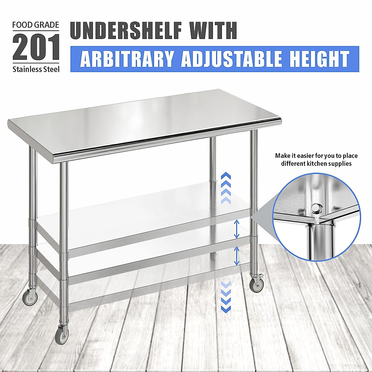 Food Prep Stainless Steel Table, Commercial Workbench with Caster Wheel, Heavy Duty Food Prep Worktable for Restaurant, Home and Hotel, Sliver (24" x 48" x 35")