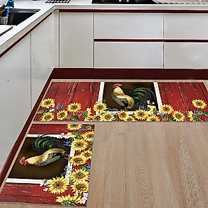 Kitchen Rugs Sets 2 Piece Floor Mats Sunflower Farmhouse Rooster Red Wood Grain Durable Doormat Non-Slip Rubber Backing Area Rugs Washable Carpet Inside Door Mat Pad Sets-19.7" x 31.5"+19.7" x 47.2"