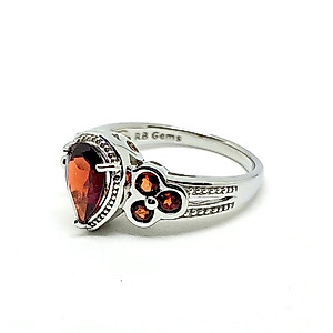 RB Gems 925 Sterling Silver Ring Genuine Gems Pear Shape 9x6 mm with Bezel-set Accented Gems, Rhodium-Plated Finish (Garnet, 9)