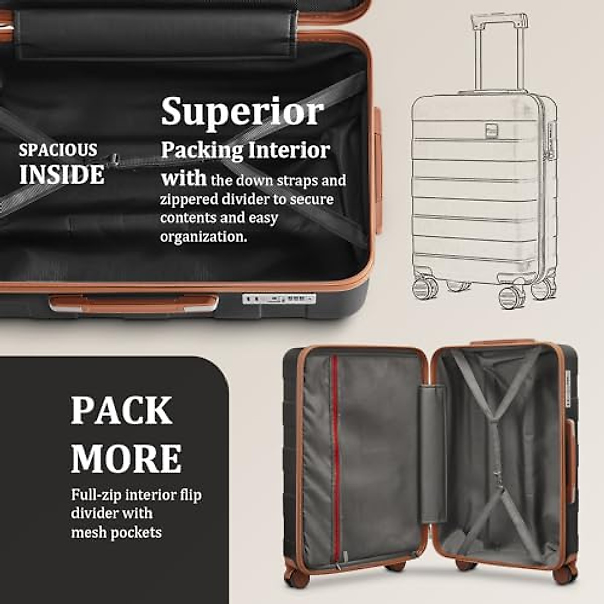 imiomo Carry on Luggage, 20 IN Carry-on Suitcase with Spinner Wheels, Hardside 3PCS Set Lightweight Rolling Travel Luggage with TSA Lock(20"/Black)