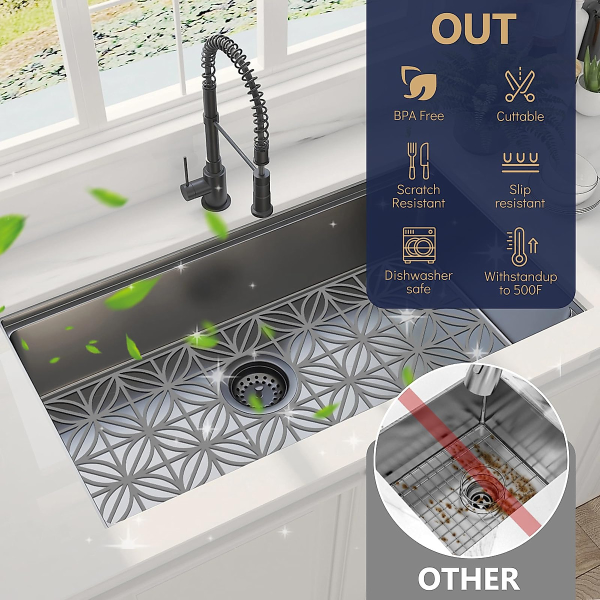 Sink Protectors for Kitchen Sink, 28.3"x 14.3" Large Non-slip Silicone Sink Mat, Heat Resistant Sink Matt Grid Cuttable Drain Openings, Sink Protectors for Stainless Steel Bottom of Kitchen Sink