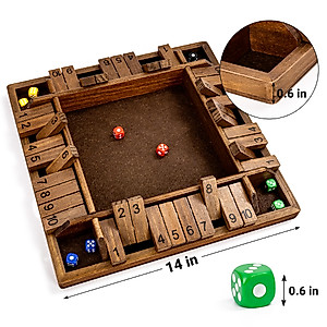 ropoda 14 Inches 4-Way Shut The Box Dice Board Game (2-4 Players) for Kids & Adults [4 Sided Large Wooden Board Game, 8 Dice + Shut-The-Box Rules] Smart Game for Learning Addition – Vintage Style
