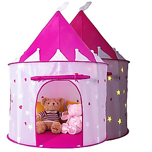 Princess Castle Play Tent with Glow in The Dark Stars, Foldable Pink Pop up Kids Tent Playhouse Toys, for Indoor Outdoor Toddler Children Girls Gifts Tent Girls Toys Age 3/4/5/6/7/8/9 Years Old