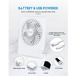 Zuvas Desk Fan Battery Operated , Rechargeable 180°Tilt Folding Personal Ultra Quiet Small Portable Fan 3 Speed Adjustable Strong Wind USB Fan For Office Bedroom Home Desktop Camping (White)