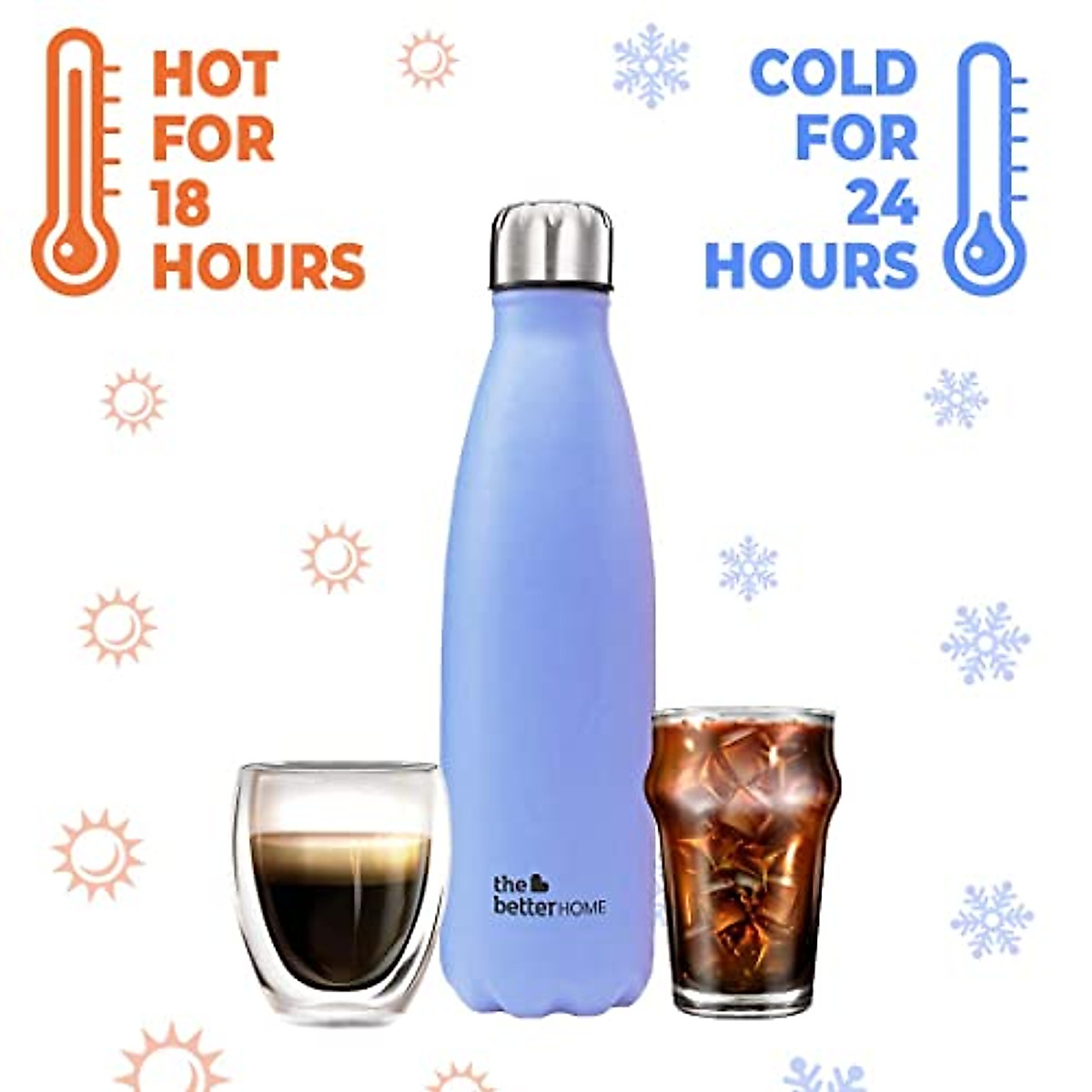 The Better Home 500 Stainless Steel Insulated Water Bottle 500ml | Thermos Flask 500ml | Hot and Cold Steel Water Bottle 500ml | Food Grade & BPA Free Insulated Water Bottles (Pack of 2)