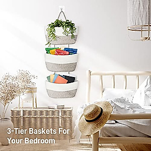 AivaToba Over Door Hanging Basket, 3-Tier Wall Mount Hanging Cotton Rope Storage Organizer, Decorative Storage Basket for Living Room (Brown)