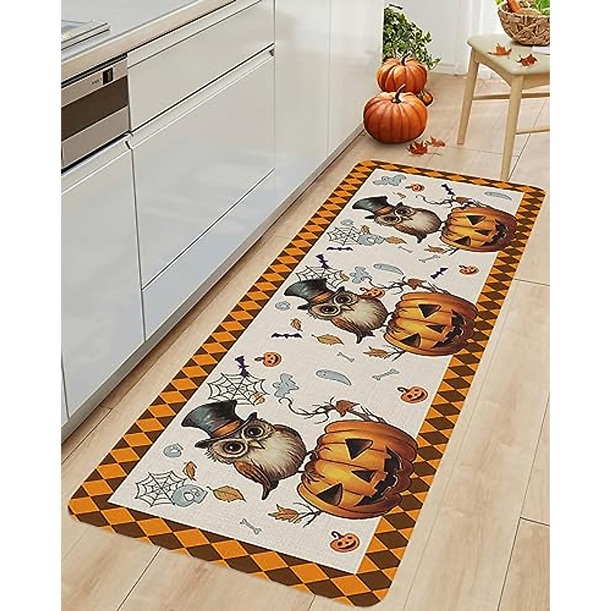 Halloween Punmkin Ghost Owl Diamond Textured Retro Kitchen Mat Set of 2,Anti-Fatigue Kitchen Rugs,Waterproof Non-Slipping Kitchen Mat for Floor, Durable Kitchen Rugs and Mats for Kitchen & Laundry