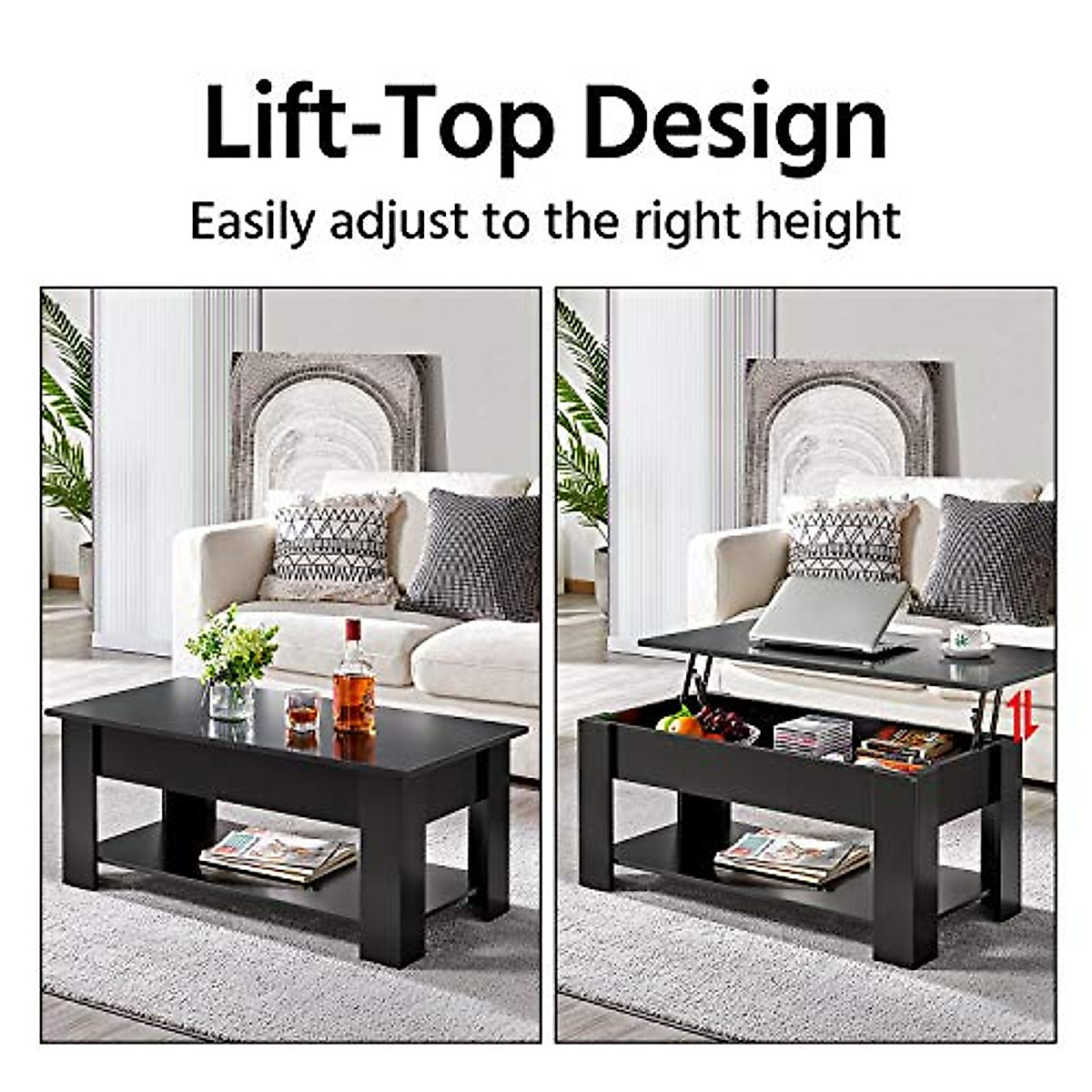 Yaheetech Modern Living Room 3 Pieces Table Sets, Lift Top Coffee Table and End Table Sets for Home and Office, Easy Assembly Accent Furniture with Hidden Compartment and Open Storage Shelf, Black