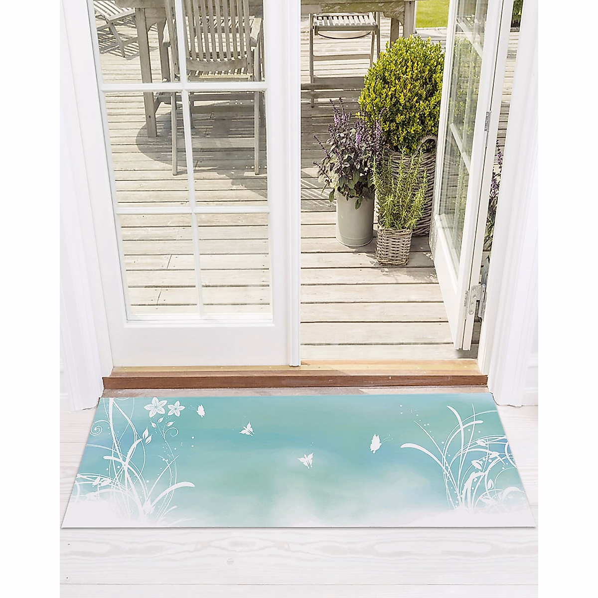 Welcome Mats, Floral Butterfly and Grass Silhouette on Green Door Mat, Non-Slip Absorbent Large 16x47 Inch Outdoor Indoor Mat Low-Profile Floor Mat Doormat for Entryway/Patio/Garage